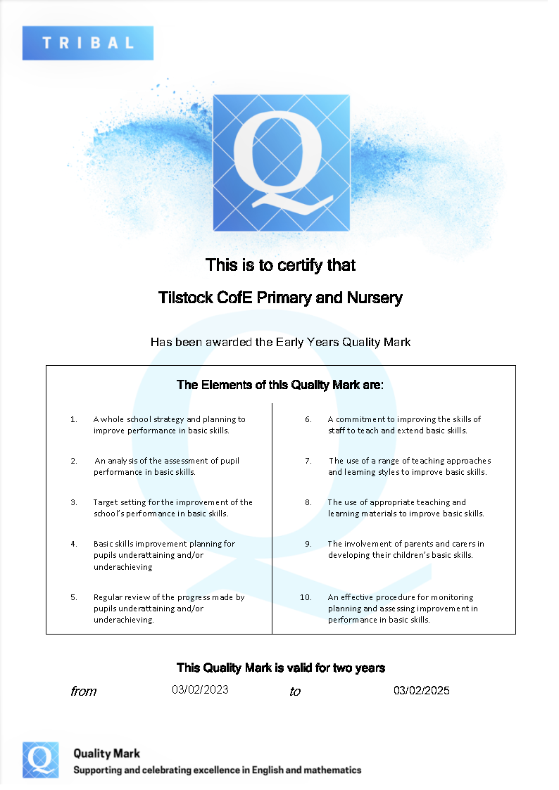 Tilstock School Early Years Quality Mark Certificate - Tilstock Primary ...
